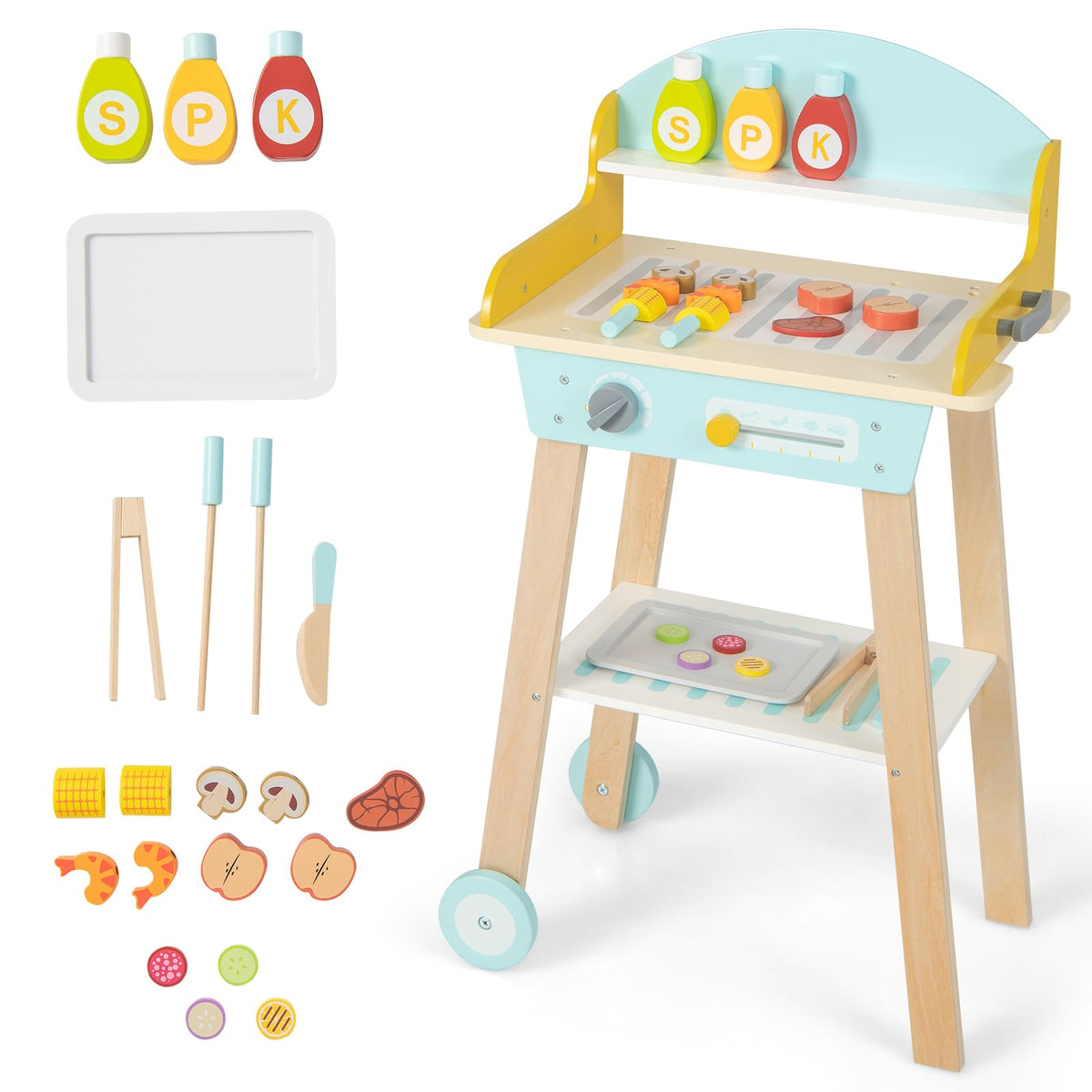 INFANS Kids Grill Playset, Wooden Pretend BBQ Toy Set with 21 Food Acc